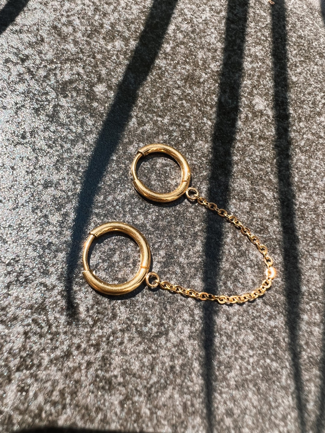 Small Hoop Earrings Connected With Link Chain Set Boho Gold Piercings ...