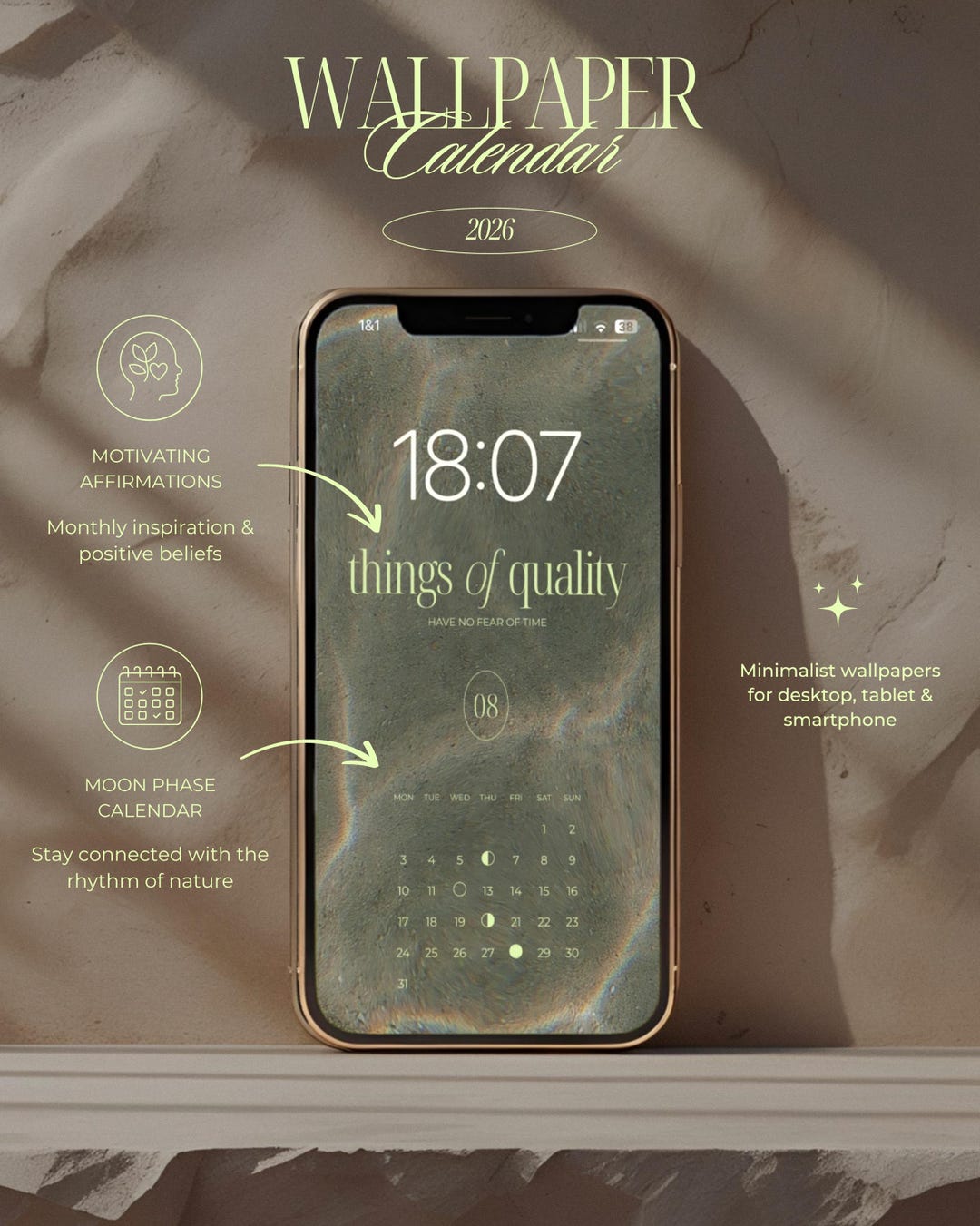 2026 Digital Wallpaper Calendar // Minimalist Monthly Wallpapers | Moon ...