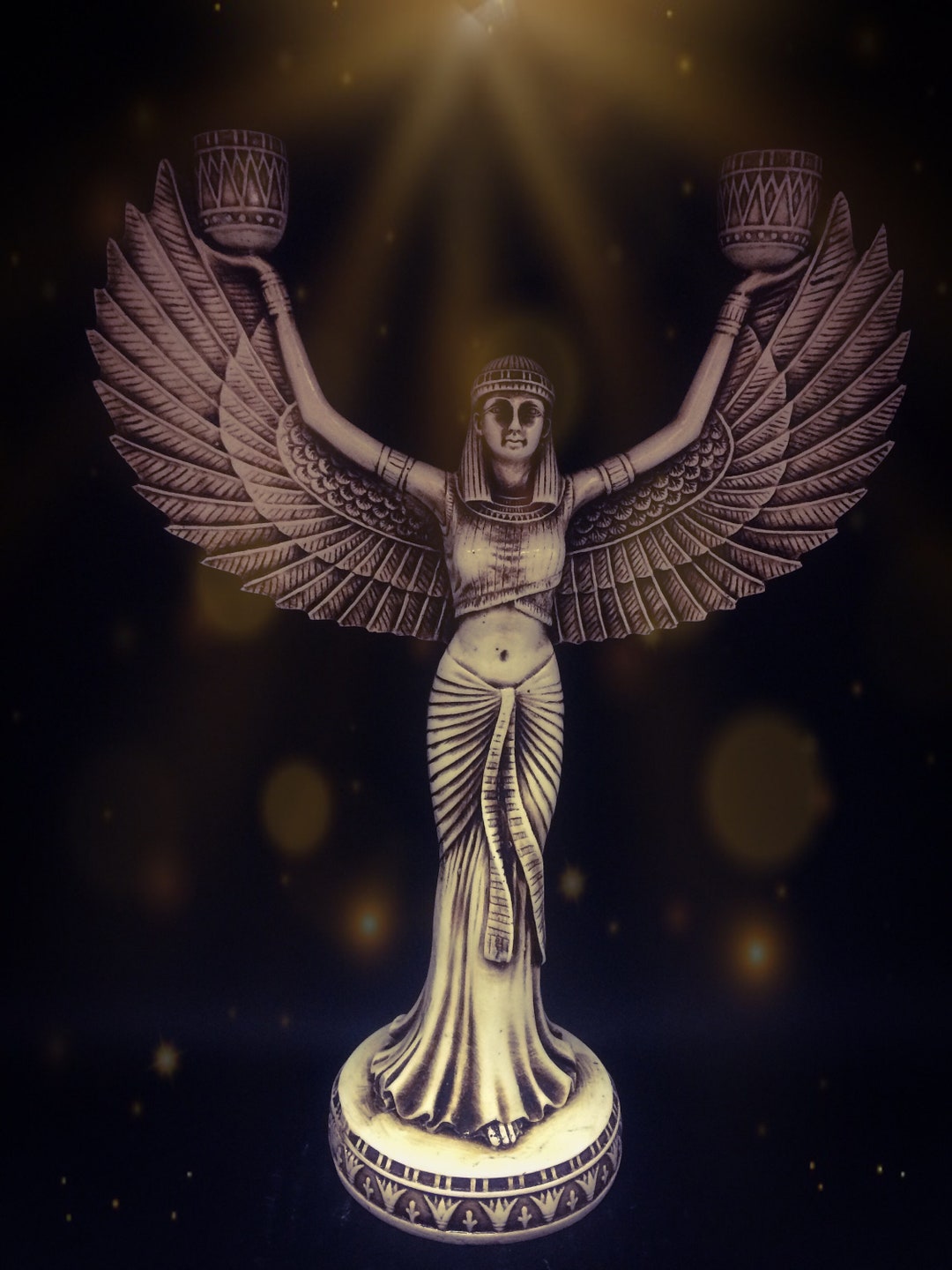 Isis Statue Winged Candlestick Standing Artificial Stone, Cream Color ...