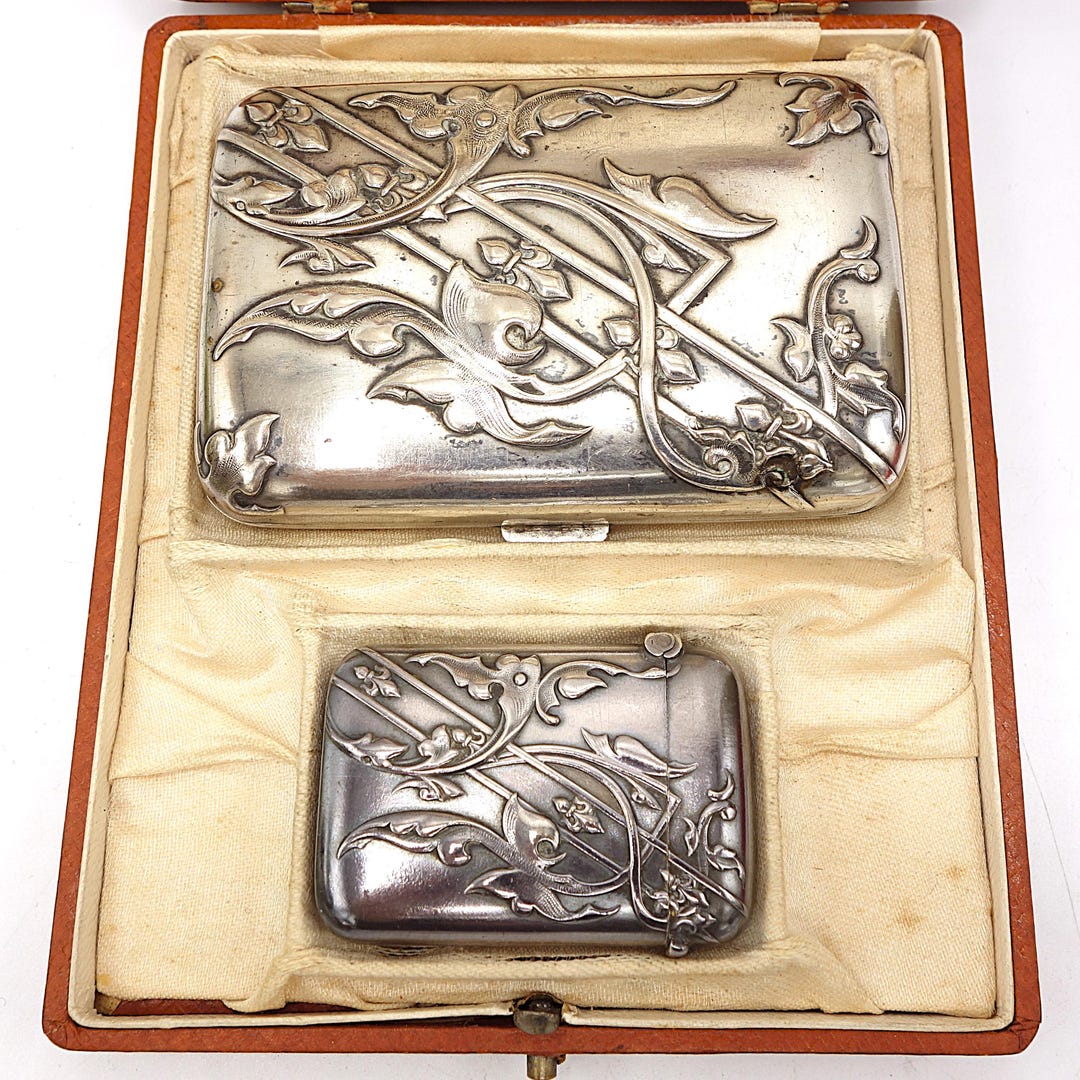 Charles Murat - Matching Silver Plated Cigarette Case and Match Safe ...