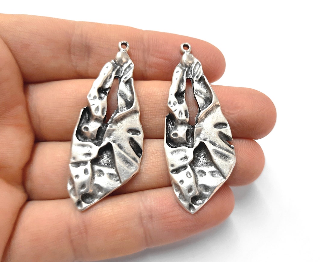 2 Organic Shape Charms Antique Silver Plated Charms 51x20mm HNF308 - Etsy