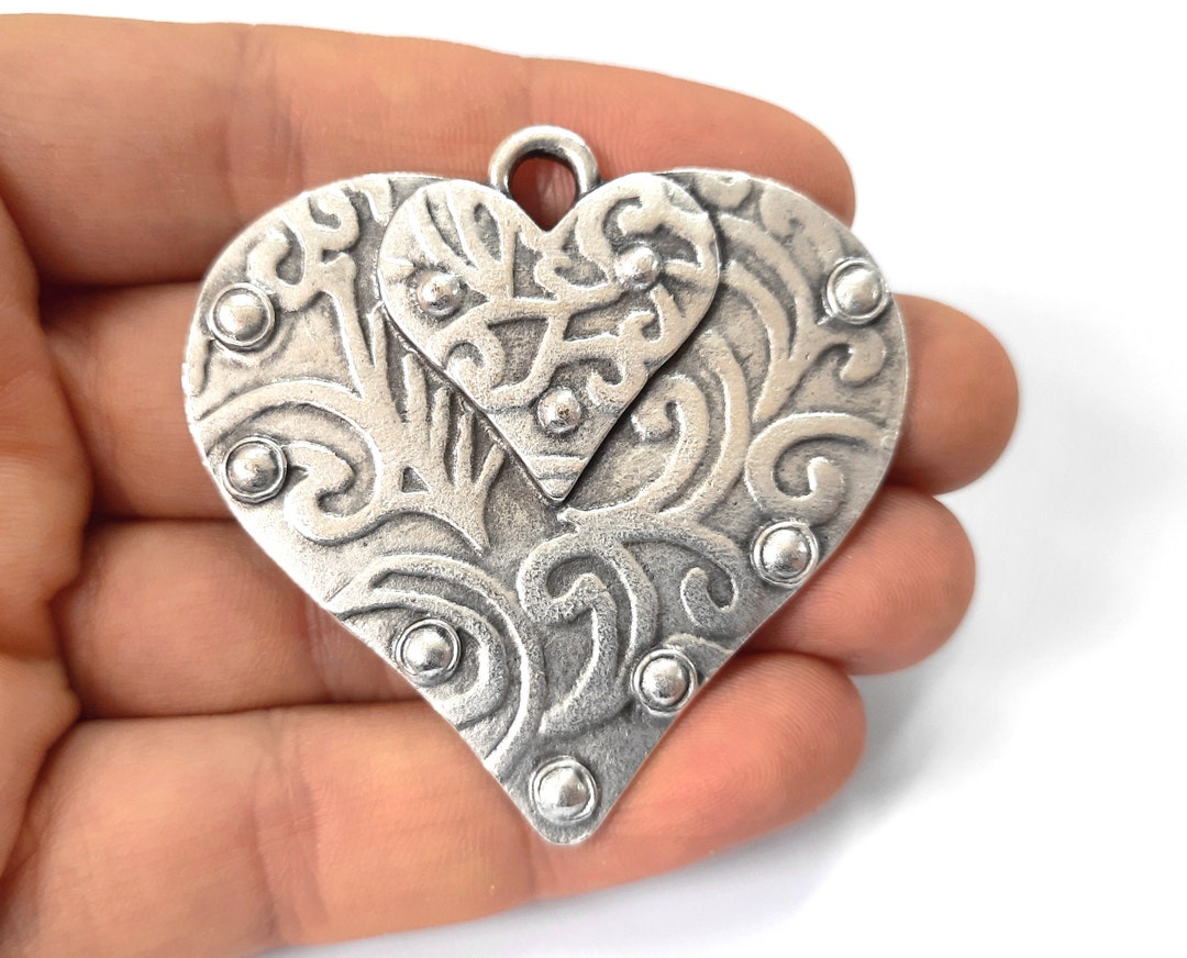 Textured Heart Pendant Antique Silver Plated Pendant 55x54mm HNF364 - Etsy