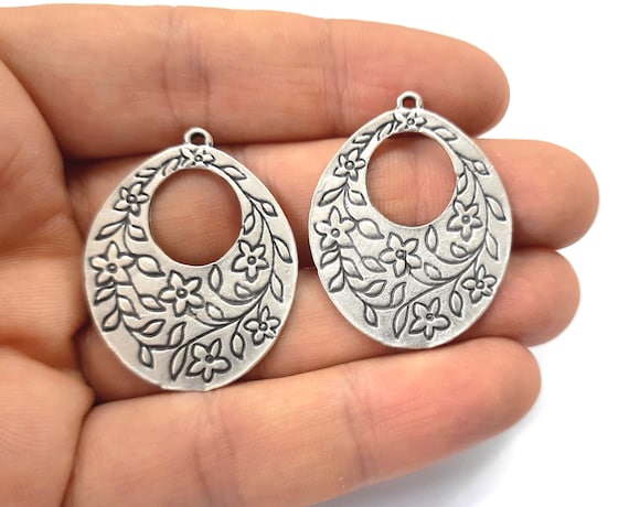 2 Flowers Oval Charms 35x28mm Antique Silver Plated Charms - Etsy