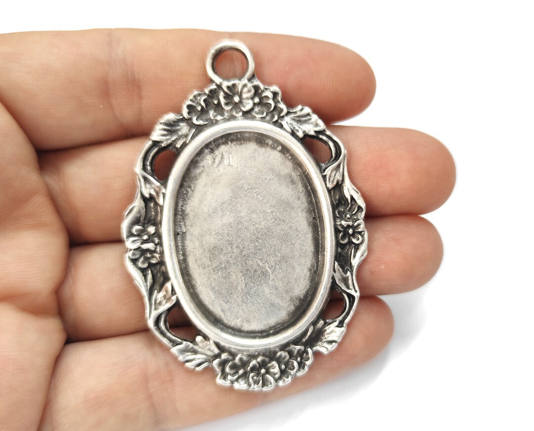 Flowers Oval Frame Blank Bezel Setting Charms Pendant Antique Silver ...