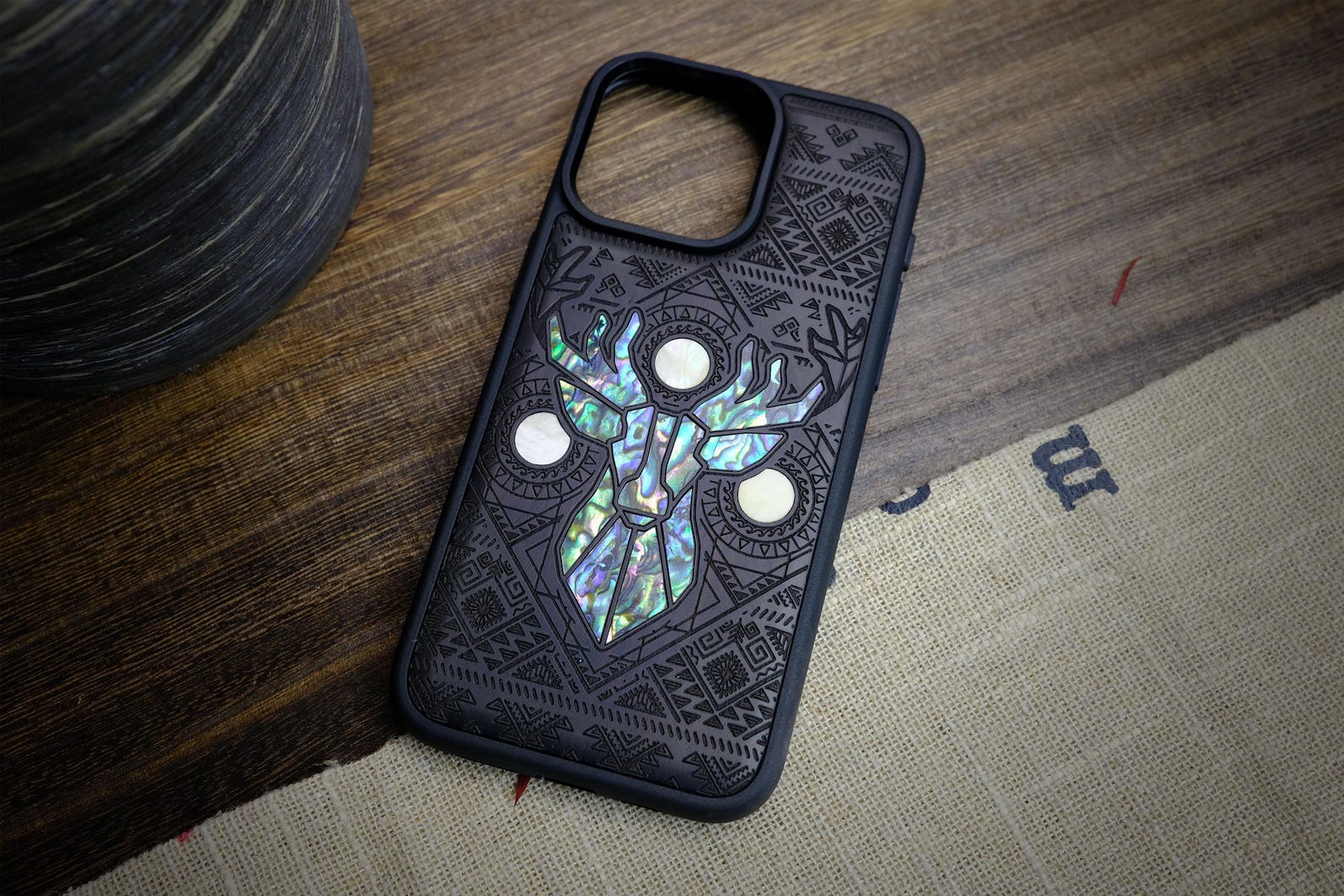 Geometric Deer Amidst Patterns, Hand-inlaid Wood & Mother of Pearl Case ...