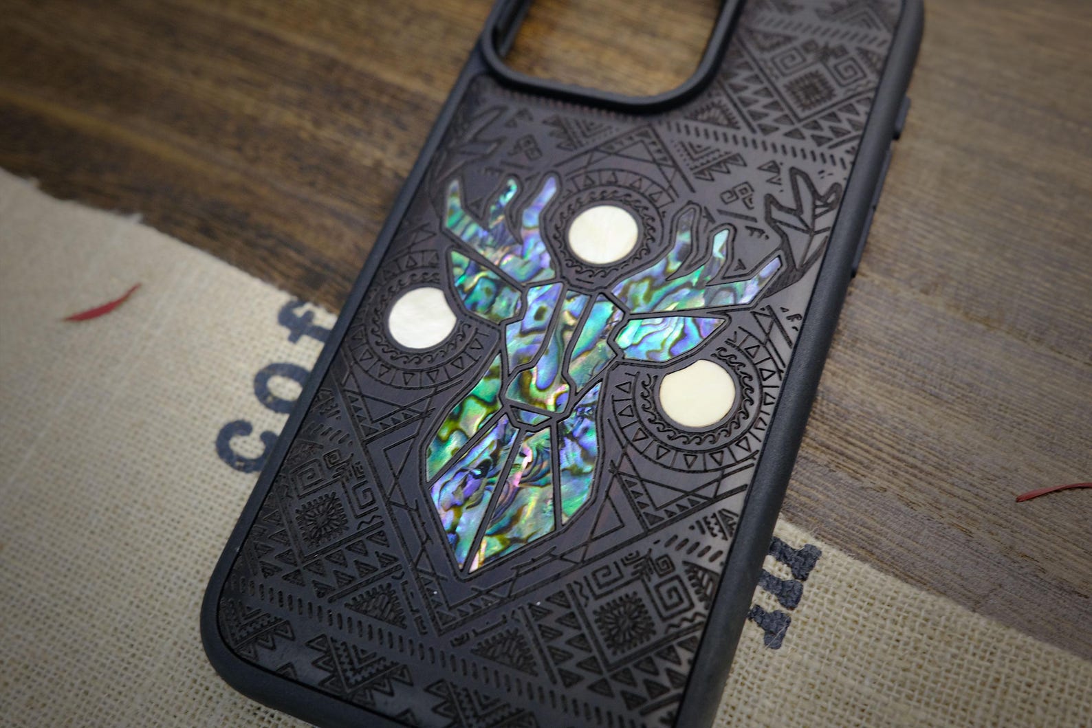 Geometric Deer Amidst Patterns, Hand-inlaid Wood & Mother of Pearl Case ...