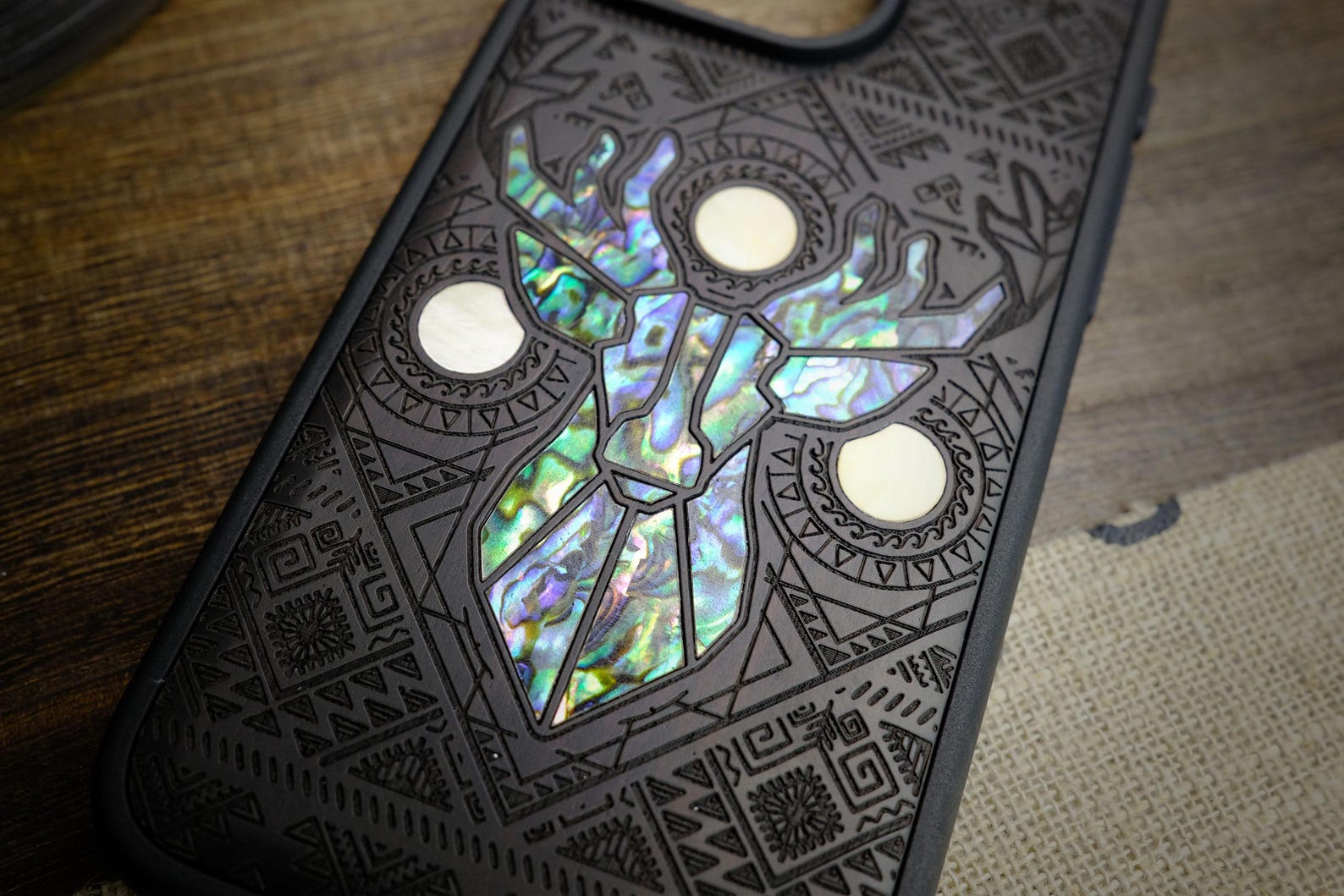 Geometric Deer Amidst Patterns, Hand-inlaid Wood & Mother of Pearl Case ...