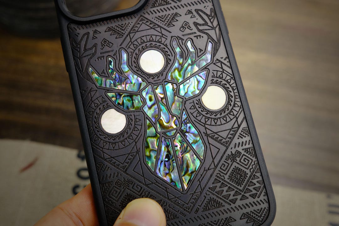 Geometric Deer Amidst Patterns, Hand-inlaid Wood & Mother of Pearl Case ...