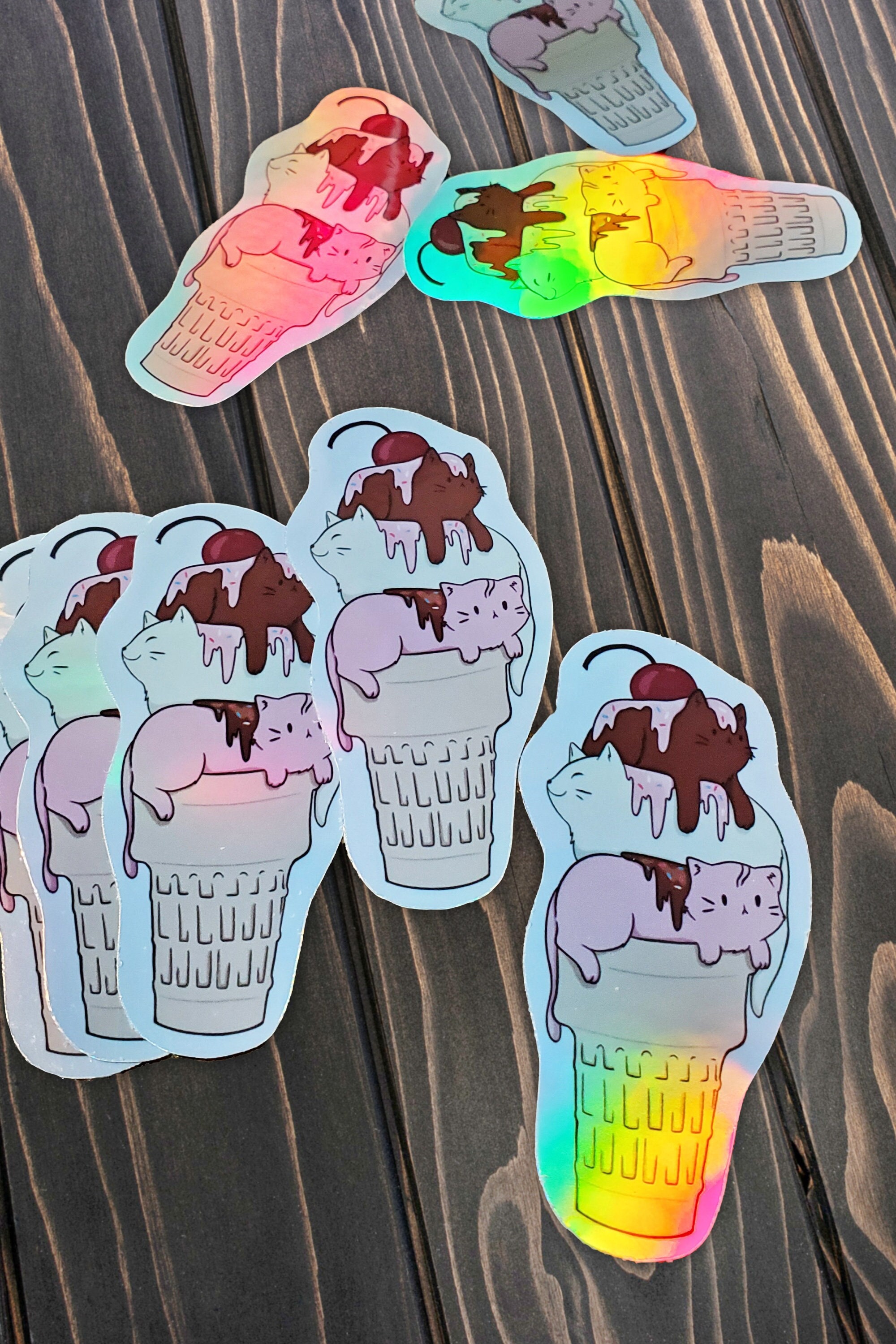Holographic Ice Cream Cats Sticker, Rainbow Sticker, Food, Cat Art, Ice ...