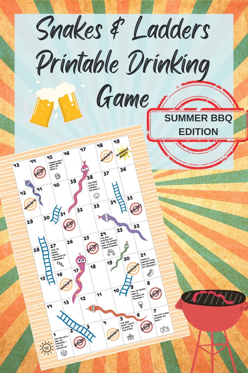 PRINTABLE Summer Party Snakes and Ladders Drinking Board Game Digital ...