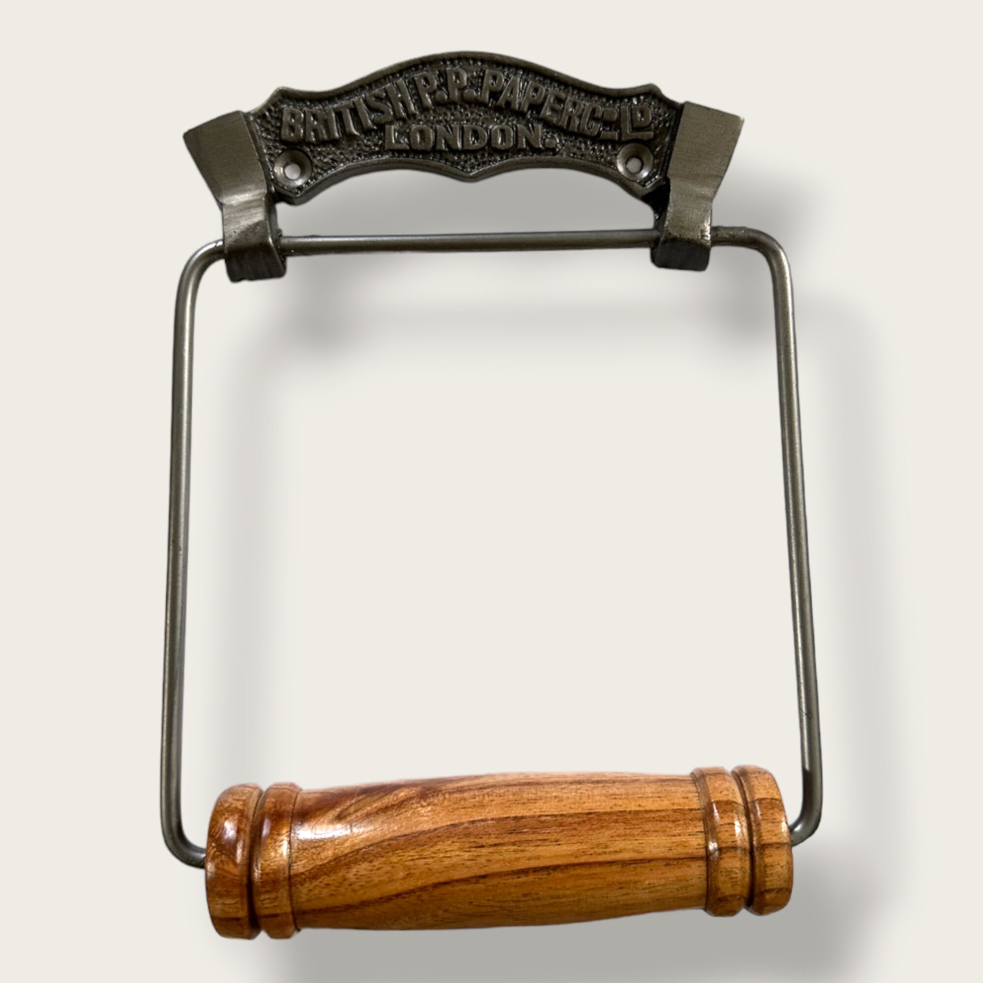 British Paper Company Cast Iron Toilet Towel Roll Holder Wooden Teak ...