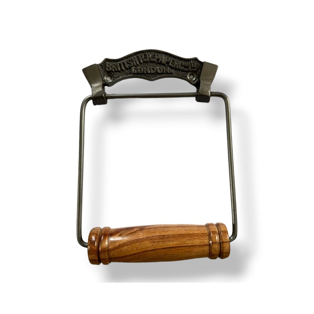 British Paper Company Cast Iron Toilet Towel Roll Holder Wooden Teak ...