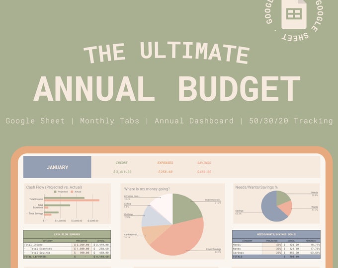 Rose Pink Annual Budget - Excel Spreadsheet - Google Sheet - Digital ...