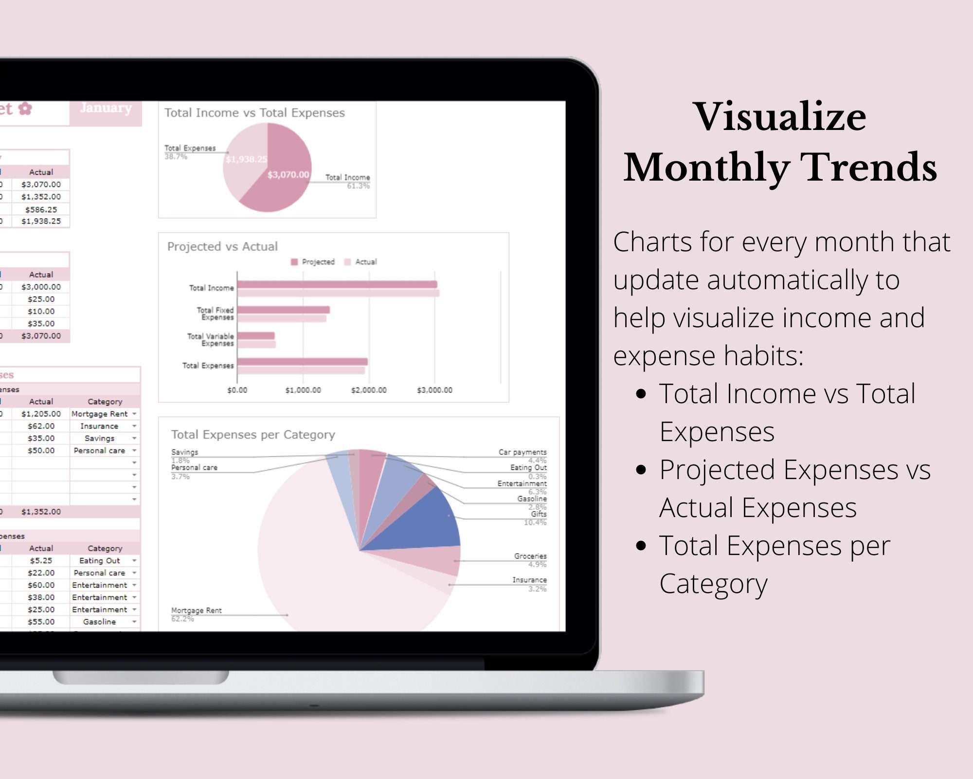 Rose Pink Annual Budget - Excel Spreadsheet - Google Sheet - Digital ...