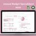 Rose Pink Annual Budget - Excel Spreadsheet - Google Sheet - Digital ...