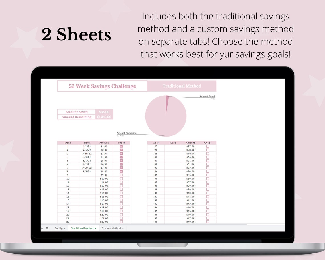 52 Week Savings Challenge Google Sheets Spreadsheet - Rose Pink ...