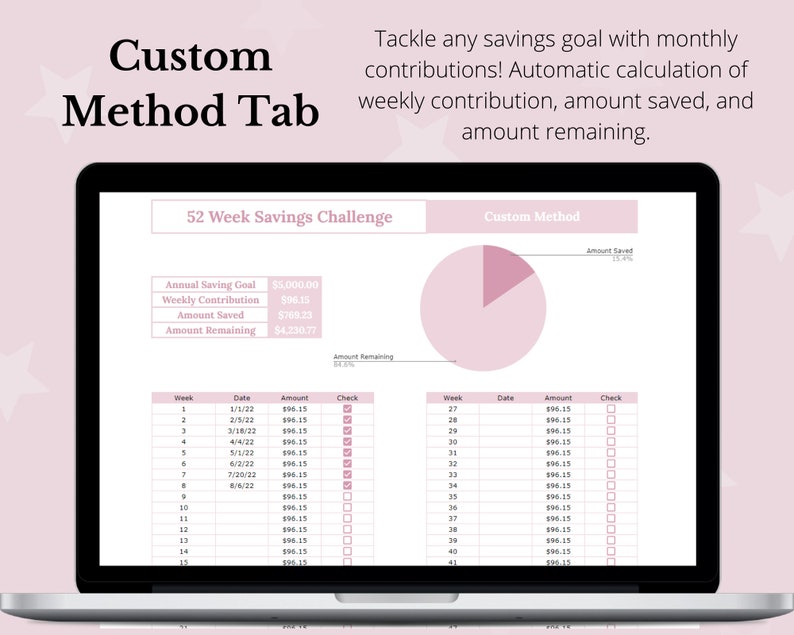 52 Week Savings Challenge Google Sheets Spreadsheet - Rose Pink ...
