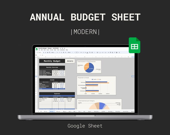 Rose Pink Annual Budget - Excel Spreadsheet - Google Sheet - Digital ...