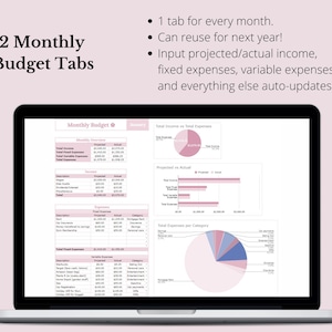 Rose Pink Annual Budget - Excel Spreadsheet - Google Sheet - Digital ...