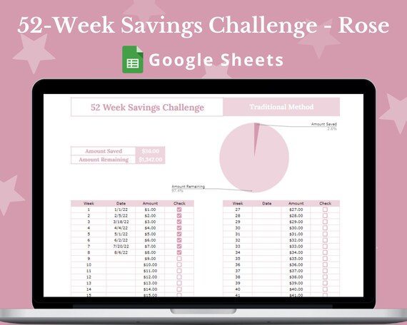 52 Week Savings Challenge Google Sheets Spreadsheet Rose | Etsy