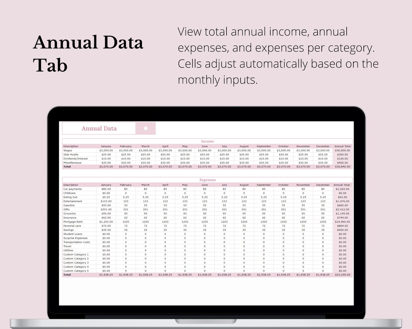 Rose Pink Annual Budget - Excel Spreadsheet - Google Sheet - Digital ...