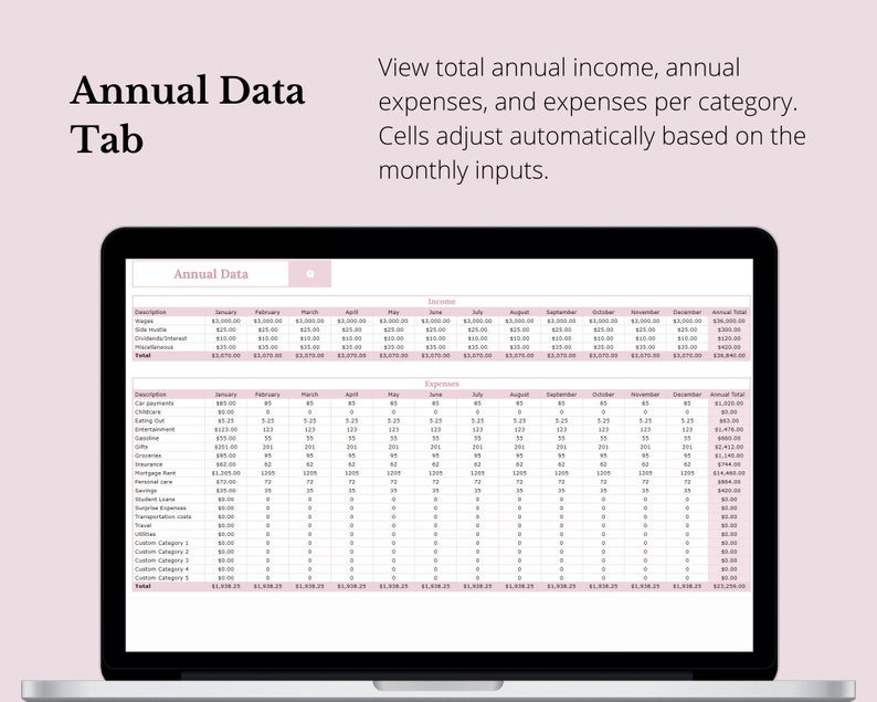 Rose Pink Annual Budget - Excel Spreadsheet - Google Sheet - Digital ...