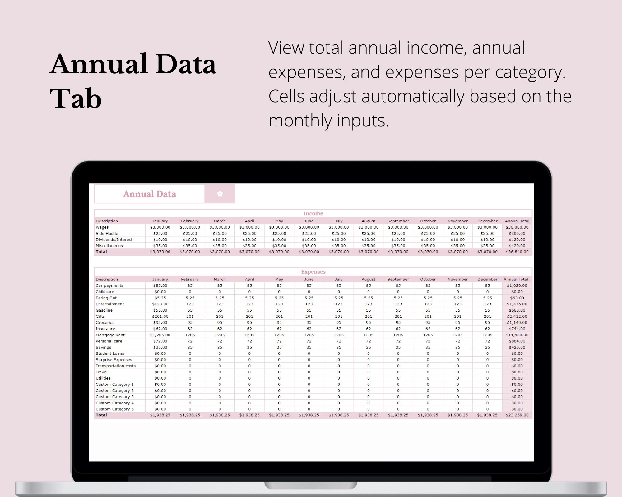 Rose Pink Annual Budget - Excel Spreadsheet - Google Sheet - Digital ...