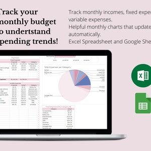 Rose Pink Annual Budget - Excel Spreadsheet - Google Sheet - Digital ...