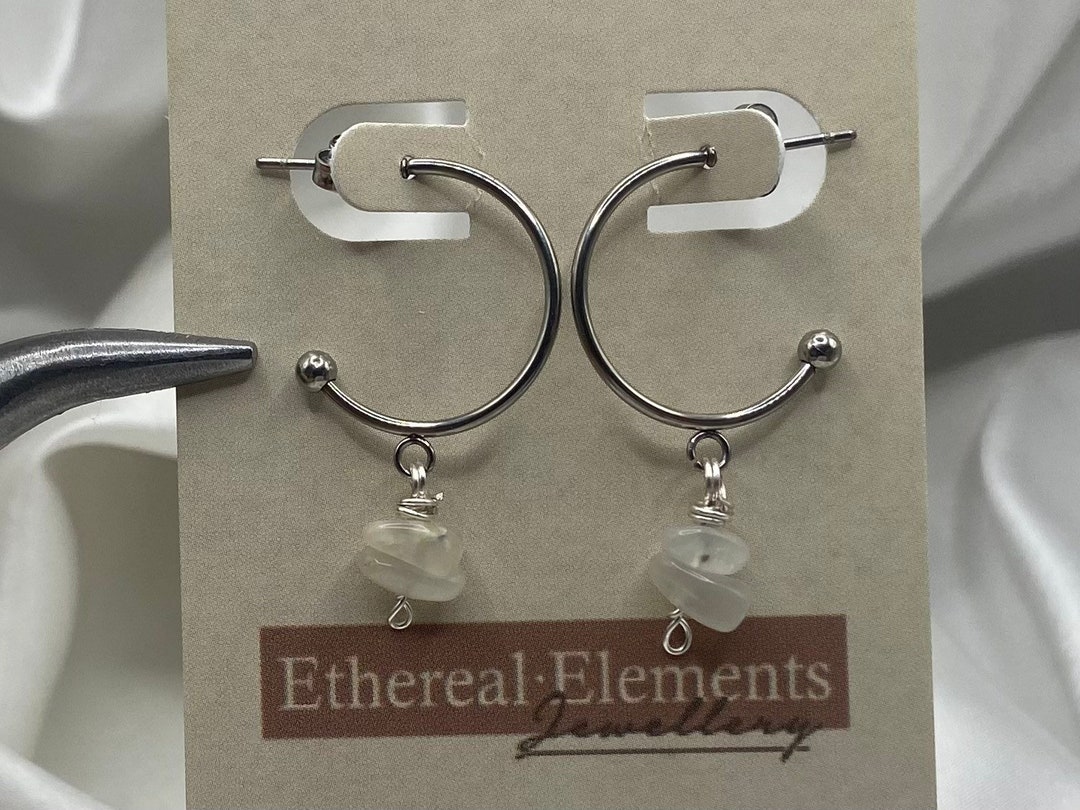 Silver Healing Crystal Hoops Earrings Moonstone Silver Stainless Steel Natural Gem Stone Raw ...
