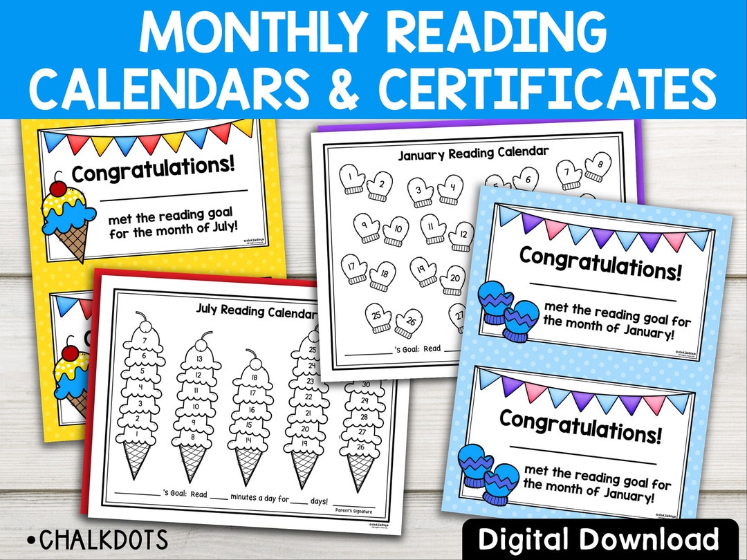 Monthly Reading Log Calendars and Certificates Reading - Etsy