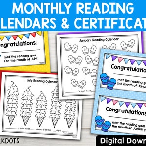 Monthly Reading Log Calendars and Certificates Reading - Etsy