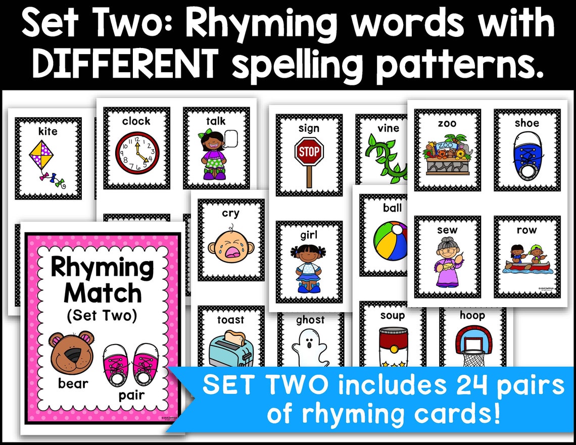Rhyming Words, Rhyming Cards, Matching Game, Partner Cards, Preschool ...