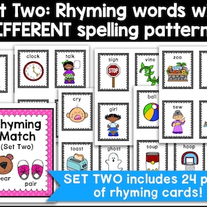 Rhyming Words, Rhyming Cards, Matching Game, Partner Cards, Preschool ...