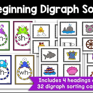 Digraph Sort, Beginning Digraphs, Digraph Sorting Cards, Phonics, Prek ...