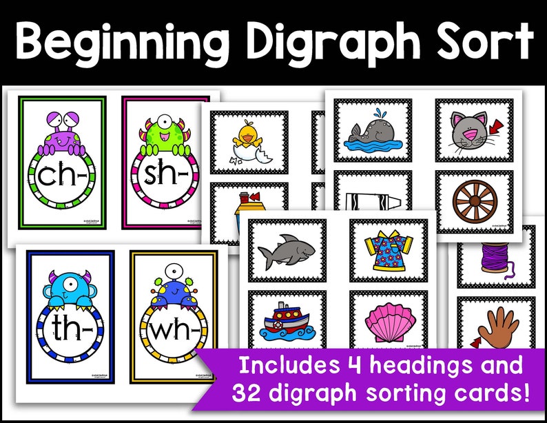 Digraph Sort, Beginning Digraphs, Digraph Sorting Cards, Phonics, Prek ...