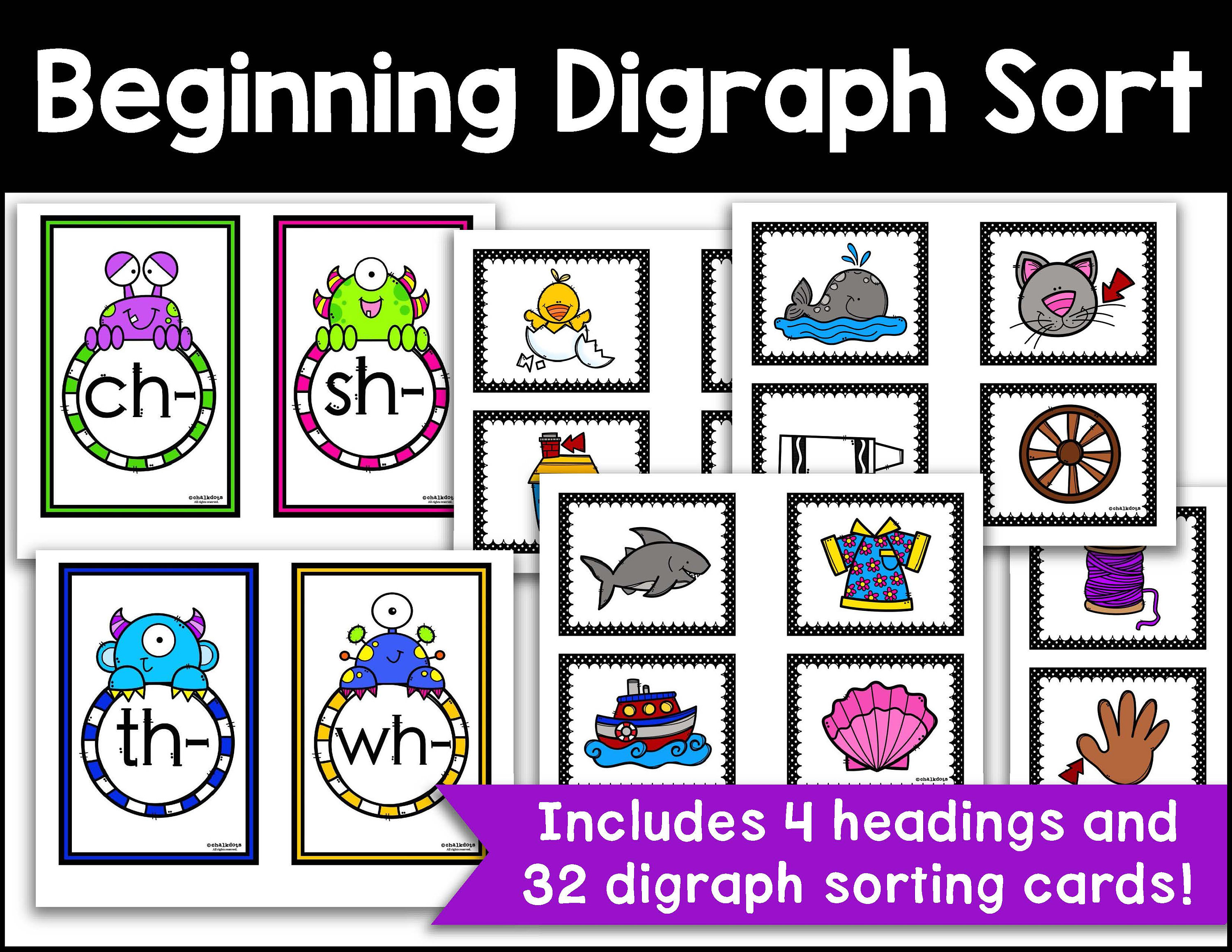 Digraph Sort, Beginning Digraphs, Digraph Sorting Cards, Phonics, Prek ...