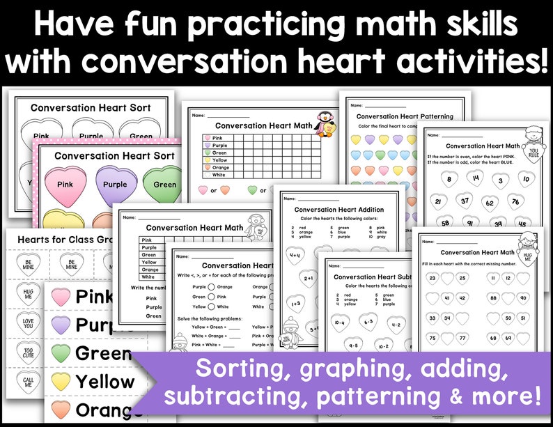 Valentine's Day Candy Heart Math Activities, Conversation Heart ...