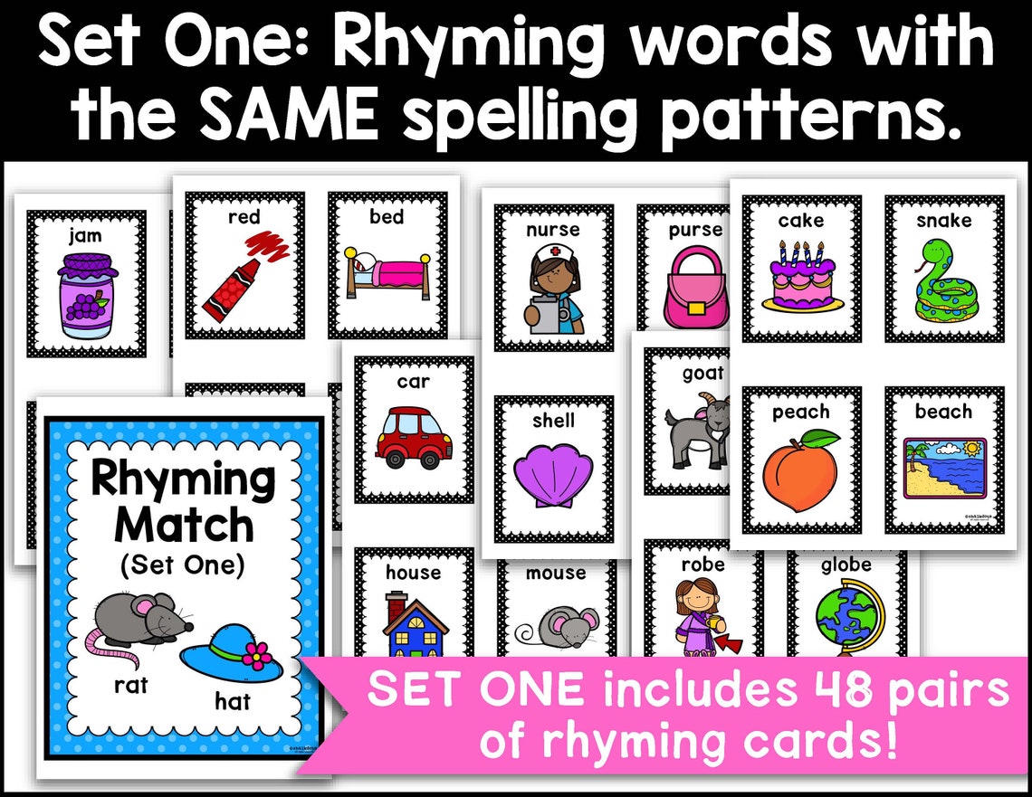 Rhyming Words, Rhyming Cards, Matching Game, Partner Cards, Preschool ...