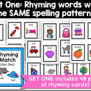 Rhyming Words, Rhyming Cards, Matching Game, Partner Cards, Preschool ...