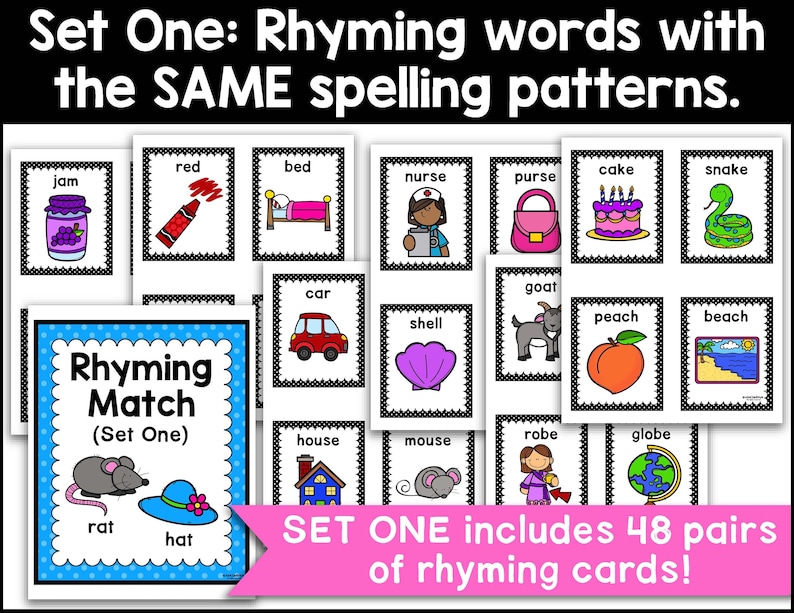 Rhyming Words, Rhyming Cards, Matching Game, Partner Cards, Preschool ...