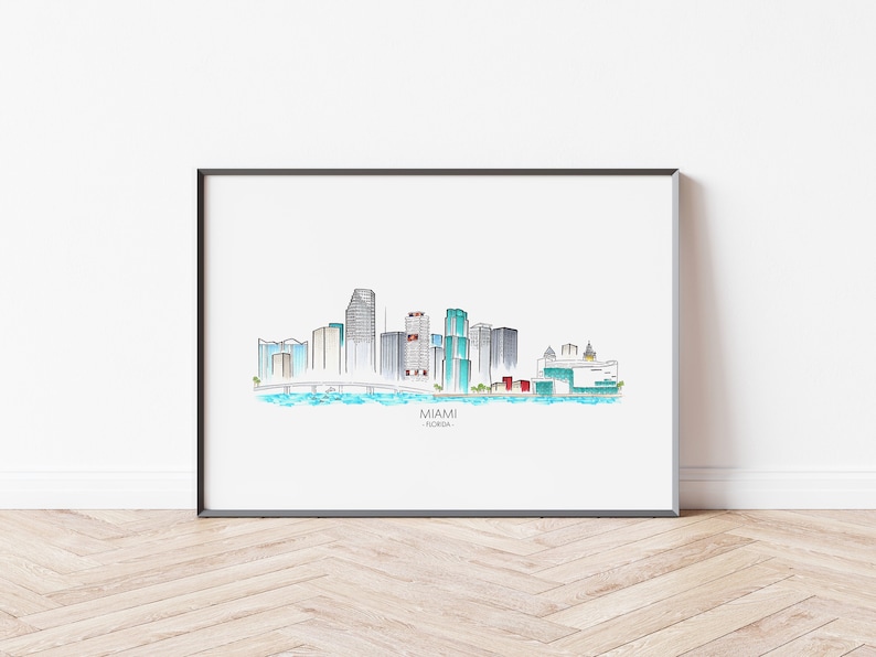 Miami Skyline Print - Miami Cityscape Art Print - Miami, Florida Travel ...