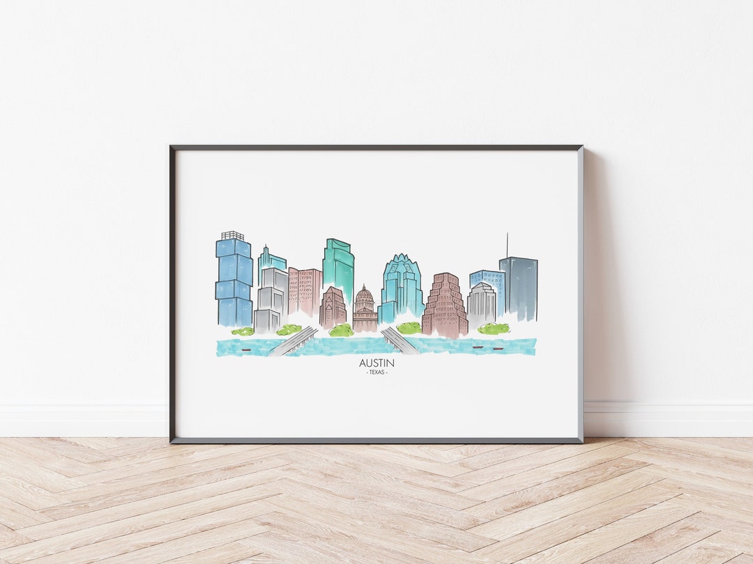 Austin Skyline Print - Austin Cityscape Art - Austin, TX Travel Poster ...