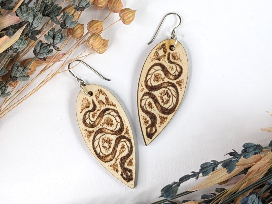 Mystical Snake Wooden Earrings, Hand Drawn Pyrography, Gift for Women ...