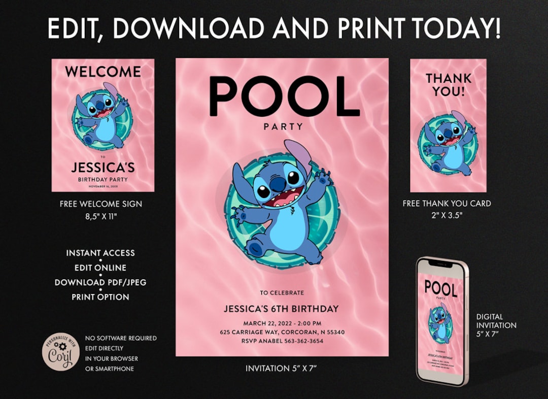 Stitch Pool Party Birthday Invitation Stitch Pool Party Thank - Etsy