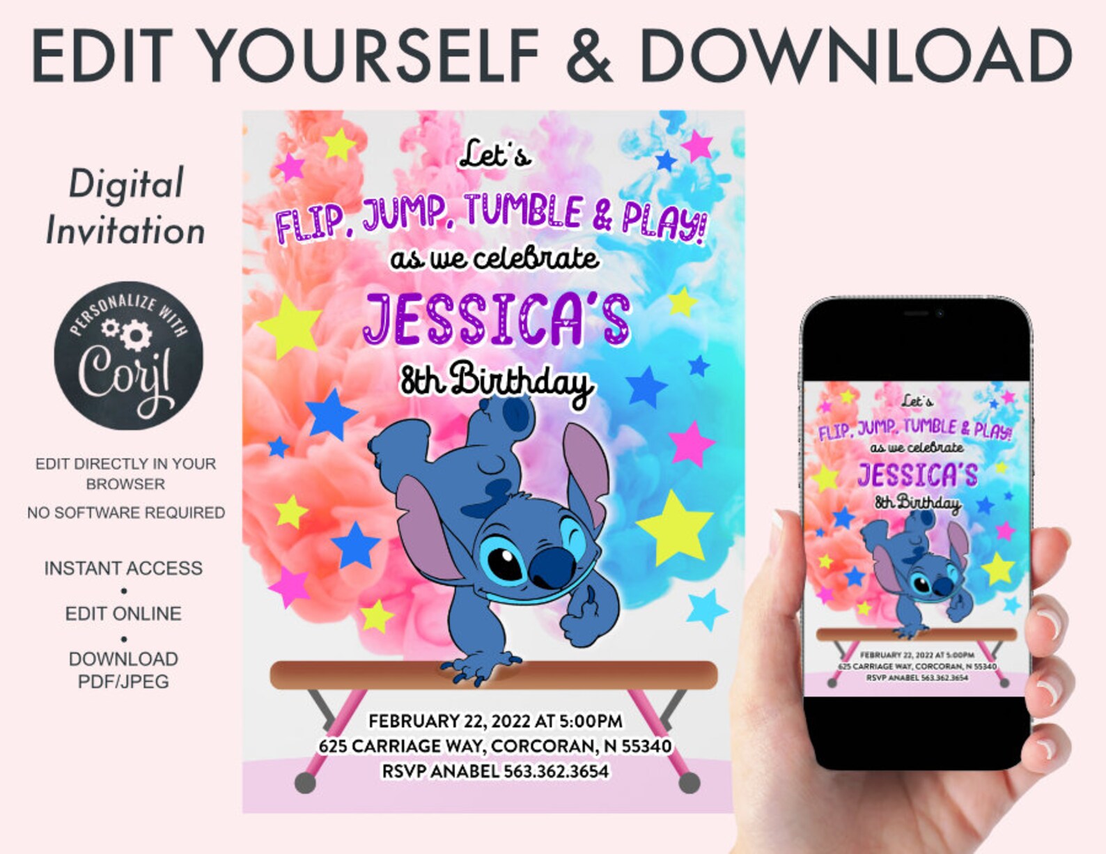 Stitch Gymnastics Birthday Invitation | Etsy