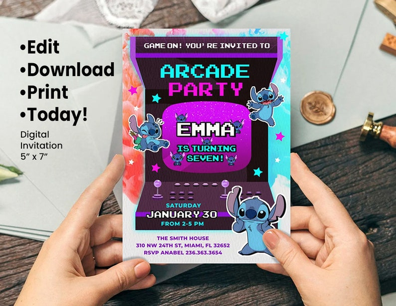 Stitch Arcade Party Birthday Invitation, Stitch Arcade Thank You Card ...