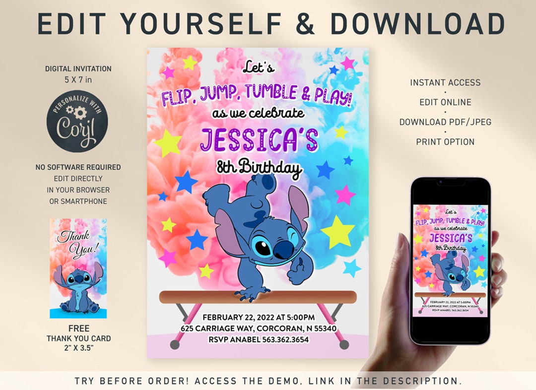 Stitch Gymnastics Birthday Invitation Thank You Card - Etsy