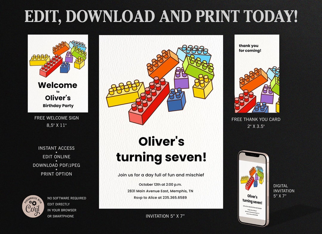 Bricks Birthday Party Invitation, Building Blocks Birthday Invitation ...