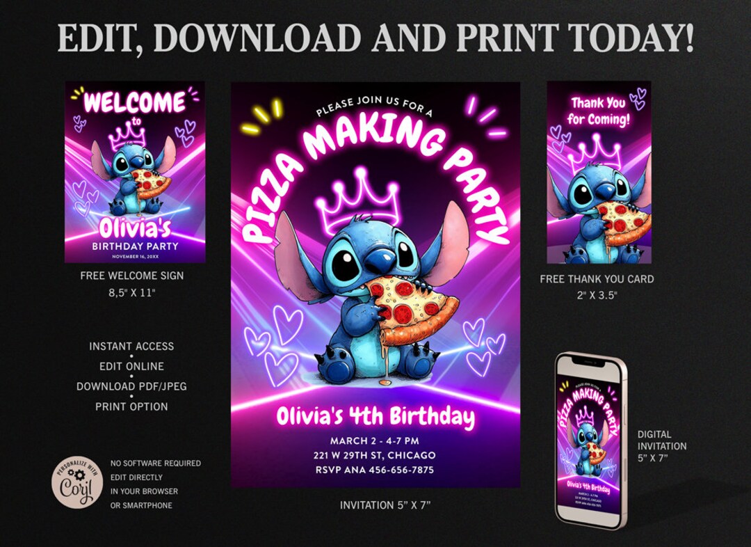 Stitch Pizza Party Invitation, Pizza Party Birthday Invitation, Stitch ...