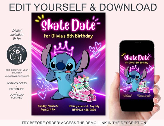 Stitch Rollerblades Birthday Invitation - Etsy